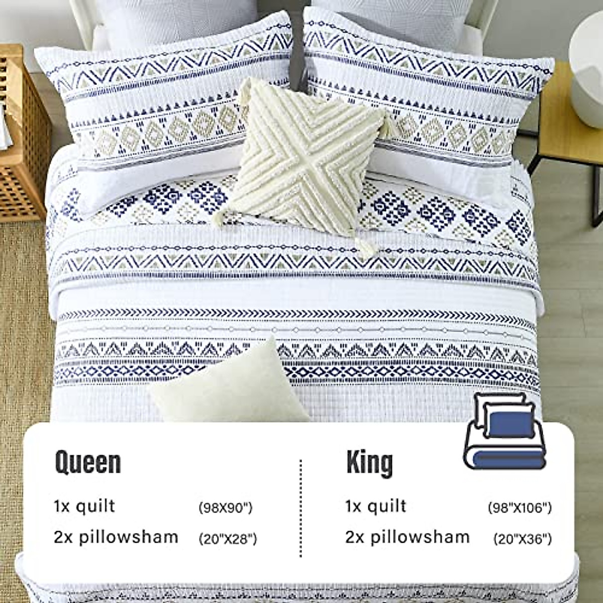 Y-PLWOMEN Quilt King Size 100% Cotton Boho King Quilt, Navy Boho Quilt Sets King, Lightweight Bohemian King Size Bedspreads for All Season, 3 Piece