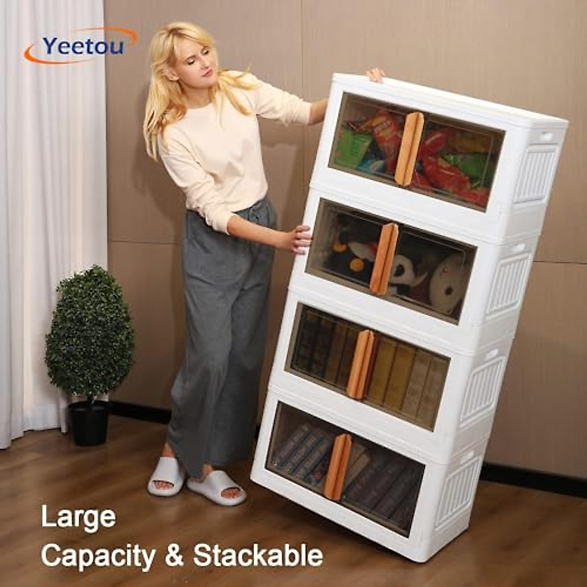 Storage Bins with Lids - 4 Packs Plastic Storage Bins, 22.8 Gal/Per Collapsible Storage Bins with Doors, Folding Storage Box, Stackable Storage Bins, Containers with Wheels for Home Kitchen