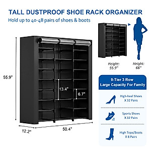 LVNIUS Large Tall Shoe Rack With Covers Shoes Closet 9-Tier 40-46 Pairs, Sneaker Organizer Cabinet Closed Shoe Shelves Shoe Stand Holder For Garage Bedroom,Zapateras, 50 Pares