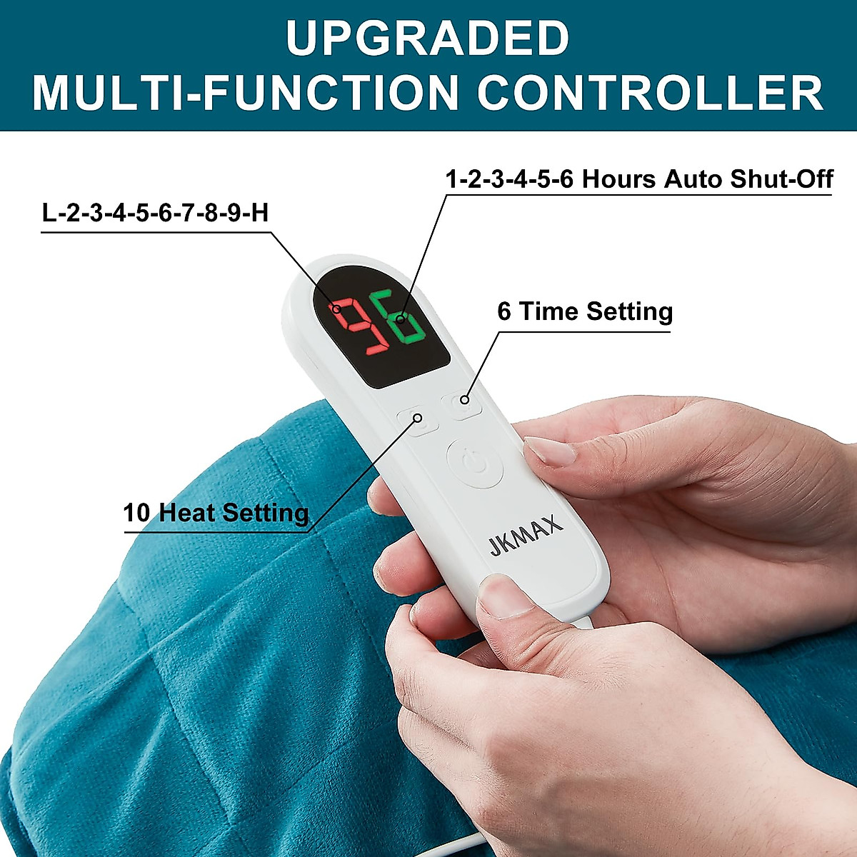 JKMAX Heating Pad for Neck and Shoulders - Large Neck Heating Pad with 10 Heat Settings ｜ 6 Timer Settings Auto Off - Heated Neck Wrap for Neck Shoulder Pain - Present for Women Men Mom Dad（Blue）