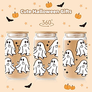 Halloween Ghost Glass Cups With Lid & Straw - 16 oz Spooky Halloween Iced Coffee Tumbler, Cute Halloween Gifts for Women, Teens Girls, Boo Basket Stuffers Items, Include 2 Silicone Straw Covers