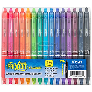 PILOT Pen 14447 FriXion Clicker Erasable, Refillable & Retractable Gel Ink Pens, Fine Point, Assorted Color Inks, 15-Pack Pouch