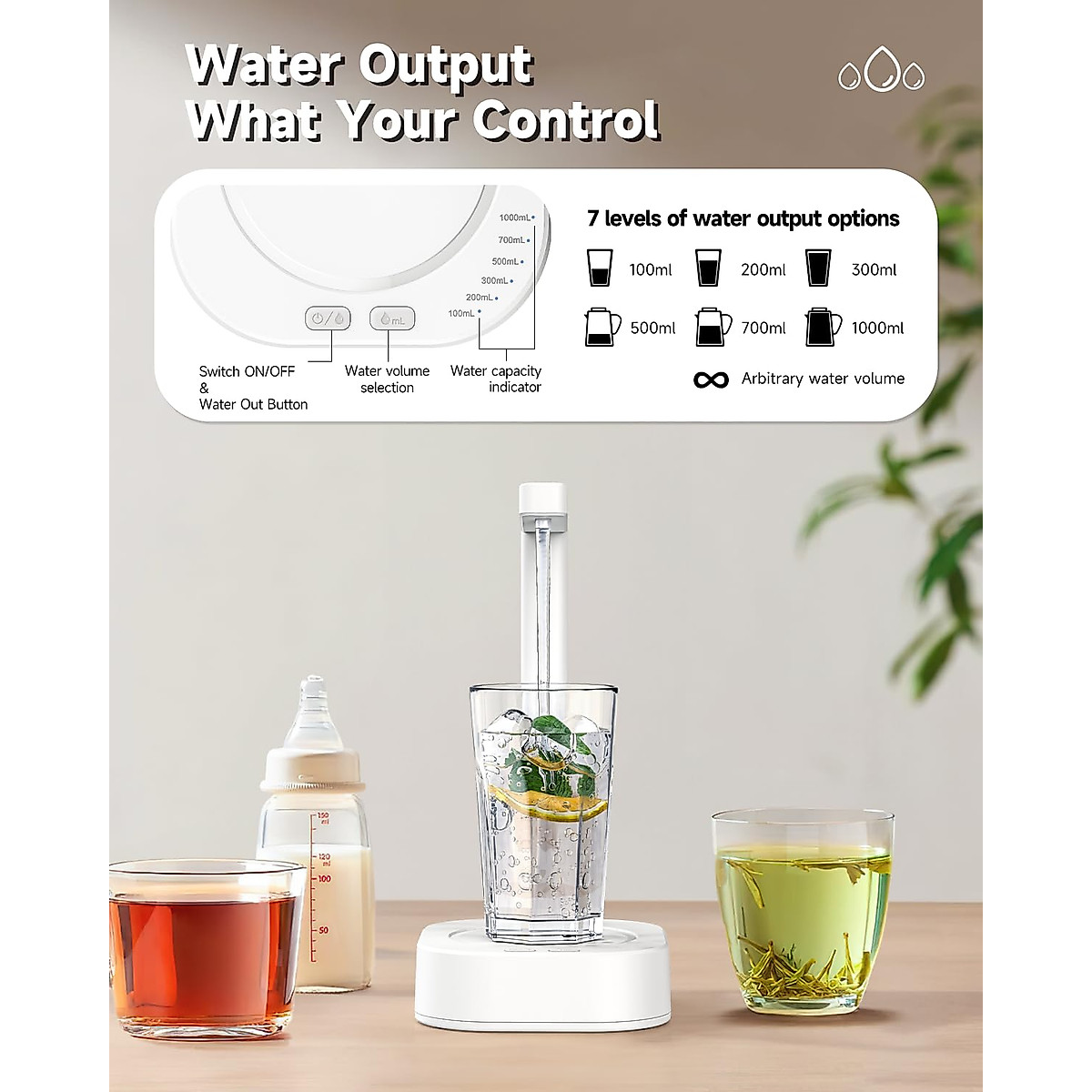 FUNCUE Water Dispenser, Intelligent 7 Levels Water Dispenser for 5 Gallon Bottle & Universal Bottles, Portable Desktop Water Pump for Indoor Outdoor, Automatic Electric Water Jug Dispenser