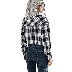 SweatyRocks Women's Cute Color Block Long Sleeve Crop Tops Plaid Button Down Blouse White Black Plaid L