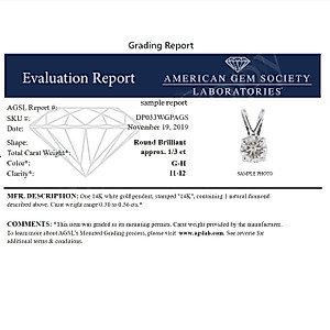 AGS Certified 1/3ct (G-H Color) REAL Diamond Solitaire Pendant Necklace for Women in 14K White Gold |Real Diamond in Real 14K White Gold