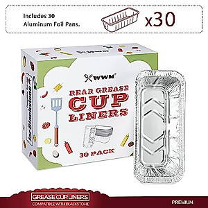WWM 30 Pack Grease Cup Liners Compatible for Blackstone Griddles 17'' 22'' 28'' 30'' 36 Inch, Aluminum Foil Rear Drip Pan Liners 5017 Compatible for Blackstone Griddle Accessories