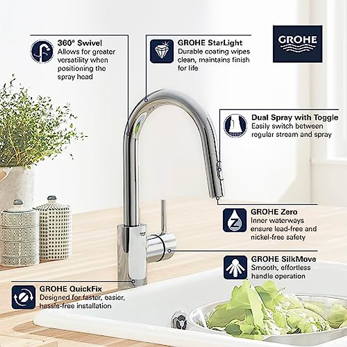 GROHE 31479DC1 Concetto Pull-down Bar Kitchen Faucet with sprayer Supersteel (Stainless Steel)