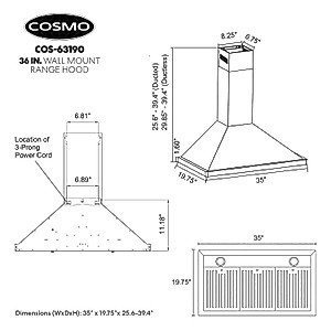COSMO 63190 36 in. Wall Mount Range Hood with Ducted Convertible Ductless (No Kit Included), Kitchen Chimney-Style Over Stove Vent, 3 Speed Exhaust Fan, LED Lights in Stainless Steel