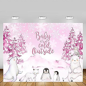 MEHOFOND 7x5ft Winter Baby Shower Backdrop Baby It's Cold Outside Background Pink Watercolor Artic Animals Penguin Baby Shower Party Banner Decorations Photo Booth Props