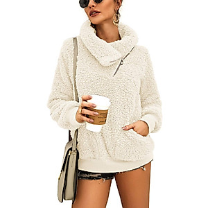 KIRUNDO Women's 2024 Winter Lapel Fuzzy Fleece Sweatshirt Faux Shearling Zipper Warm Sherpa Pullover Outwear With Pockets(Small, Beige)