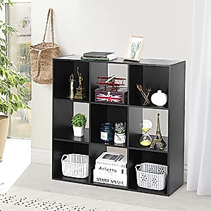 ZenStyle 9 Cube Storage Shelf Organizer, Wooden Bookshelf System Display Cube Shelves Compartments, Customizable W/ 5 Removable Back Panels (Black)