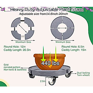 IVONNEY Large Plant Stand with Wheels, Adjustable Rolling Plant Caddy 14.6-20 Inch, Heavy Duty Plant Dolly with Wheels for Outdoor Planters, Garden Pot Mover (440lbs Capacity)