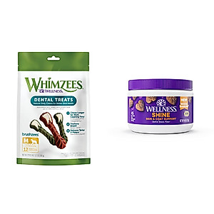 Whimzees by Wellness Brushzees Dental Chews for Dogs, Medium Breed, 12 Count + Wellness Skin & Coat Soft Chew Dog Supplements, Barkin' Bacon Flavored, 45 Count