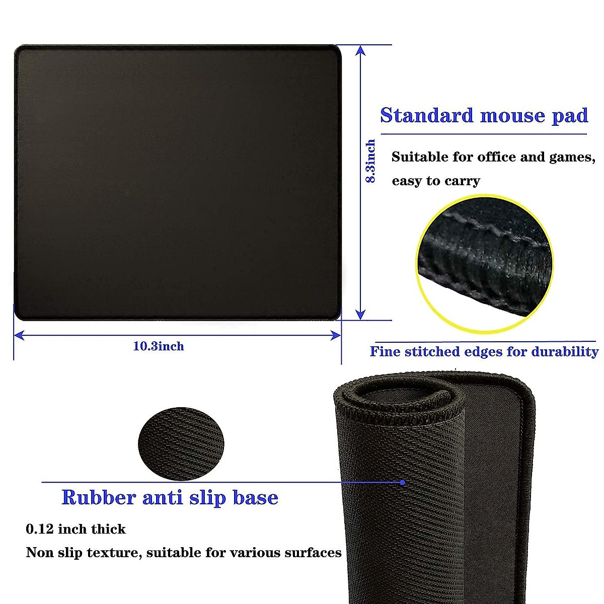 Pupbbi Mouse pad 3 PCS of Black Standard Mouse Pads, Mouse pad with Stitched Edges，Rubber Anti Slip Base Mousepad，Mouse Pads for Office and Games, Washable，Square,10.3inch x 8.3inch x 0.12inch