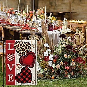YOVOYOA Happy Valentines Day Garden Flag, 12.5 x 18" Vertical Double Sided Heart Anniversary Wedding Burlap Flag, Rustic Love Leopard Print Buffalo Check Plaid Flag for Yard Patio Farmhouse Decor