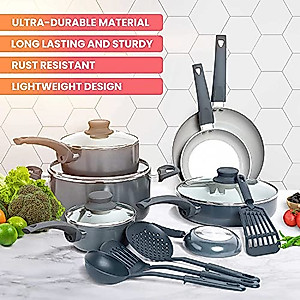 Mueller Pots and Pans Set Nonstick 16-Piece Healthy Stone Kitchen Cookware Sets - PFOS, PFOA Free, Stainless Steel Steamer, Butter Warmer, Deep Fry Pan, Sauce Pan, Pot, Vented Glass Lids, Light Grey