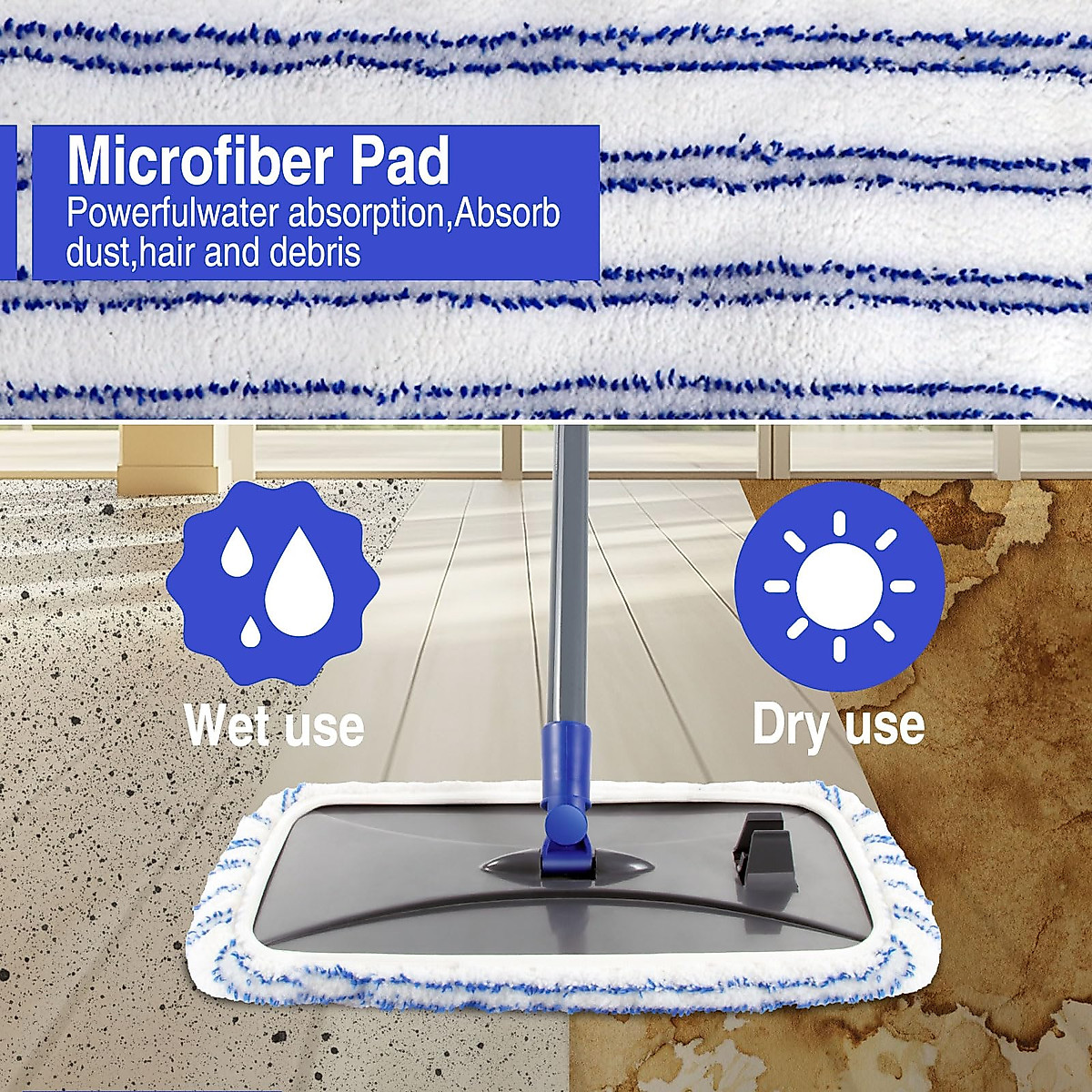 MASTERTOP Microfiber Mops for Floor Cleaning, Extra Large Industrial Mop,Floor Commercial Mop for Wet & Dry Use, Flat Mop for Hardwood, Vinyl, Laminate, Tile Floors, 5 Reusable & Washable Mop Refills