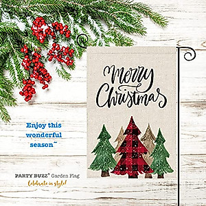 Merry Christmas Garden Flag Buffalo Plaid Tree 12x18 Double Sided, Rustic Xmas Farmhouse Seasonal Holiday Small Mini Burlap Yard Flag for Outside Outdoor Decoration