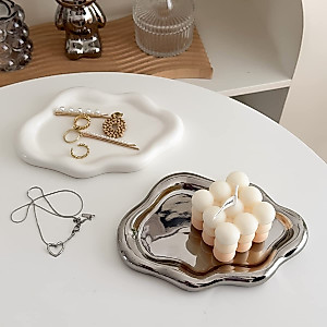 MDFAYE Jewelry Dish Trinket Tray for Women, Ring Dish Holder, Unique Cloud Shape Ceramic Plate Cute Things Vanity Aesthetic Room Decor Mother's Day Birthday Christmas Warm House Gifts (White)