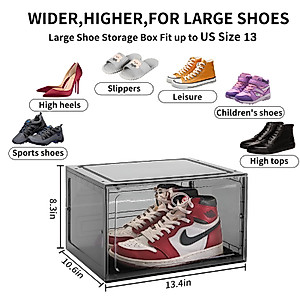 Large Shoe Boxes Clear Plastic Stackable, 8 Pack Drop Side Shoe Storage Organizer with Magnetic Door, Foldable Space-Saving Shoe Container Sneaker Storage Display Fit up to US Size 13 for Men/Women