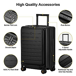 LEVEL8 Road Runner Carry On Luggage, 20‘‘ Lightweight PC Hardside Luggage with Front Pocket, Rolling Suitcase with Spinner Wheels, Travel Suitcase for Women & Men, TSA Locks-Black