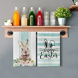 Siilues Easter Kitchen Towels 95g/Count Microfiber 18 x 26 Inch, Bunny Easter Kitchen Decorations Anniversaries Decor Ultra Absorbent for Drying Dishes Cooking Baking Set of 2