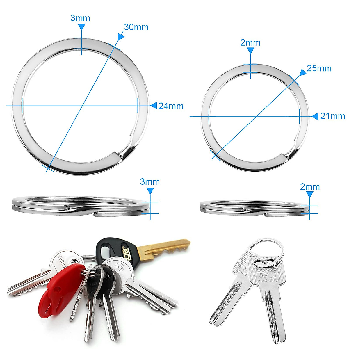 20pcs Stainless Steel Key Ring, Round Key Rings for Flat Keychains, Keychain Rings Key Rings for Keychains for Car Keys, Household Keys, Dog Tags (25mm and 30 mm)
