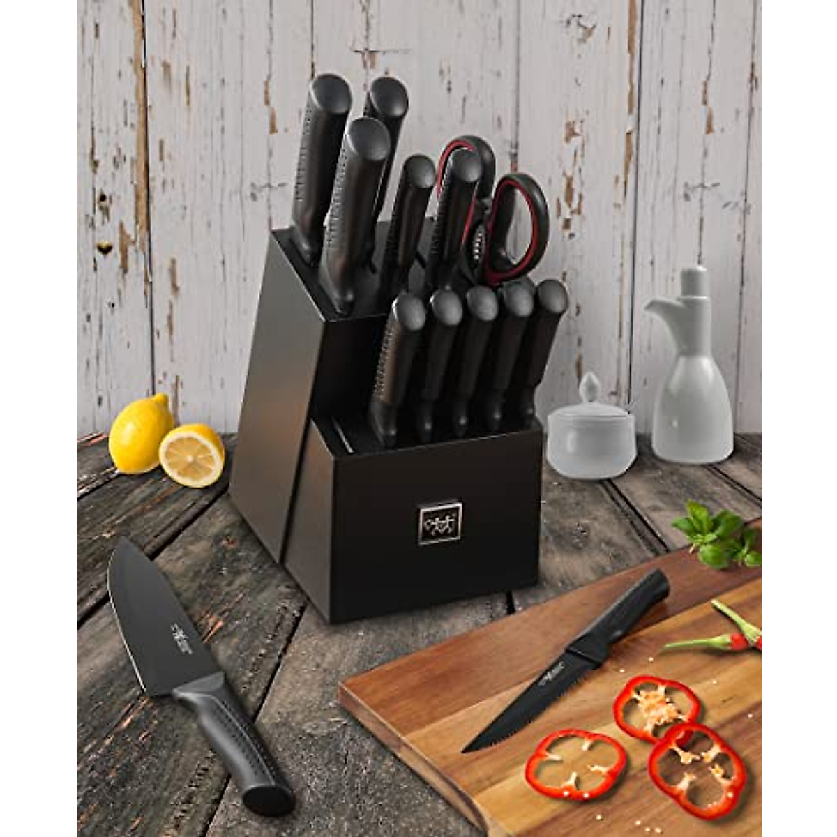 knife set, Dishwasher Safe Kitchen Knife Set with Block, 15 Pcs Black knife sets for kitchen with block Self Sharpening, 6 Steak Knives, Anti-slip handle, Black