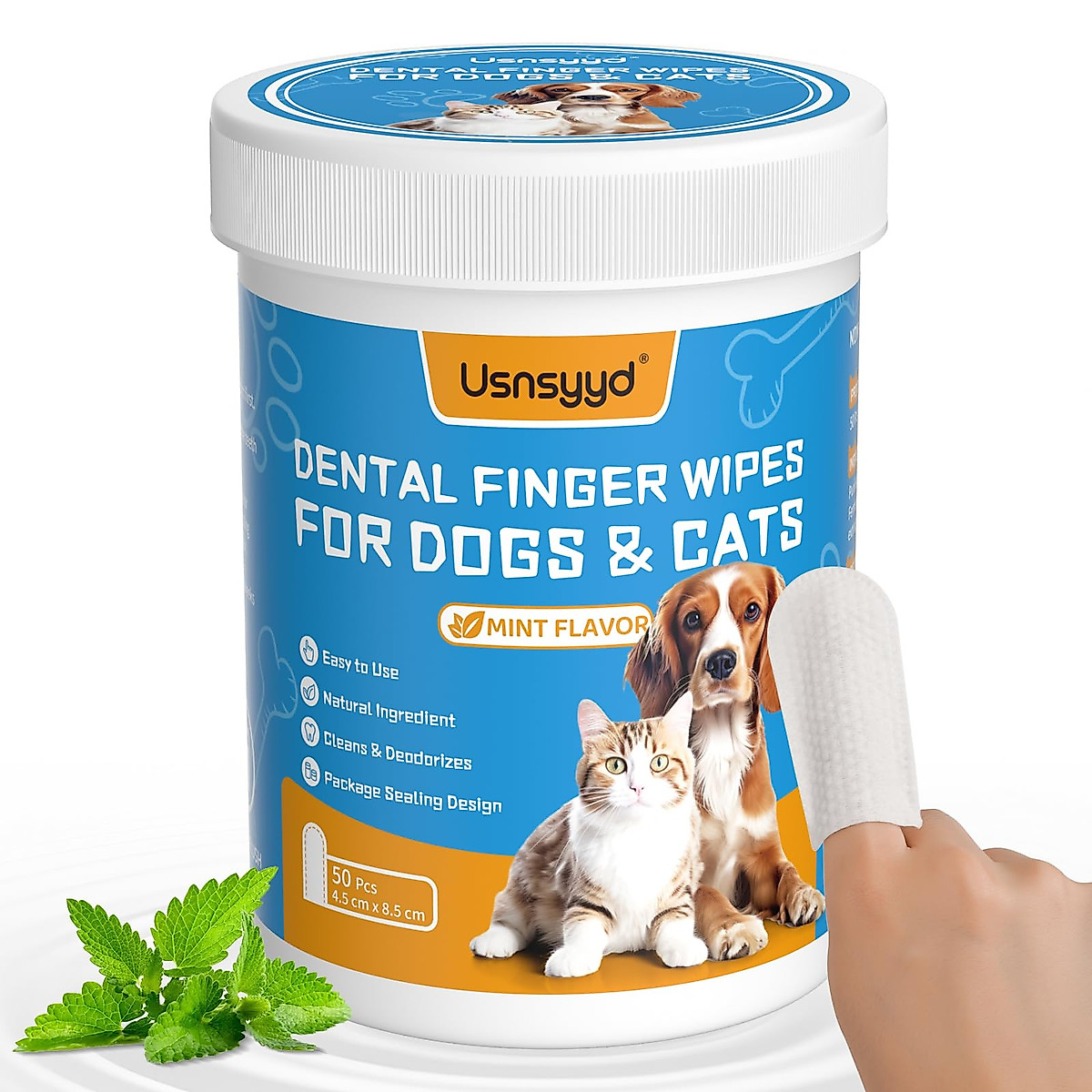Usnsyyd Dog & Cat Teeth Cleaning Wipes, Reduces Plaque & Freshing Breath,Canine Finger Toothbrush, Disposal Gentle Cleaning & Gum Care Pet Wipes, Widen 1.77",Mint Flavor,50Pcs