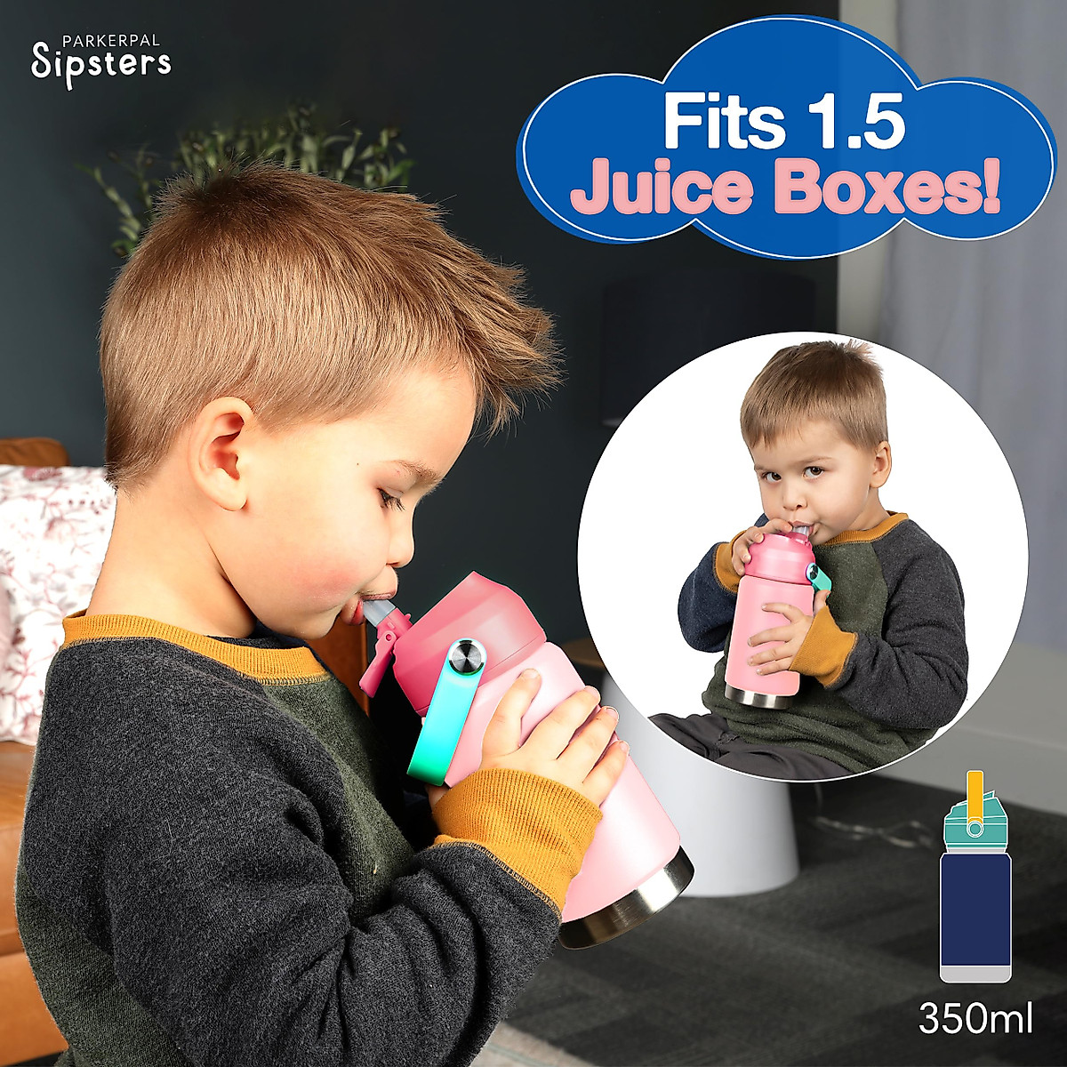 Parkerpal Sipsters Kids Tumbler with Lid & Straw - Double-Wall Insulated Reusable LeakProof Made of 18/8 Pro Grade Stainless Steel - Easy to Carry for Kids with Handle Pink