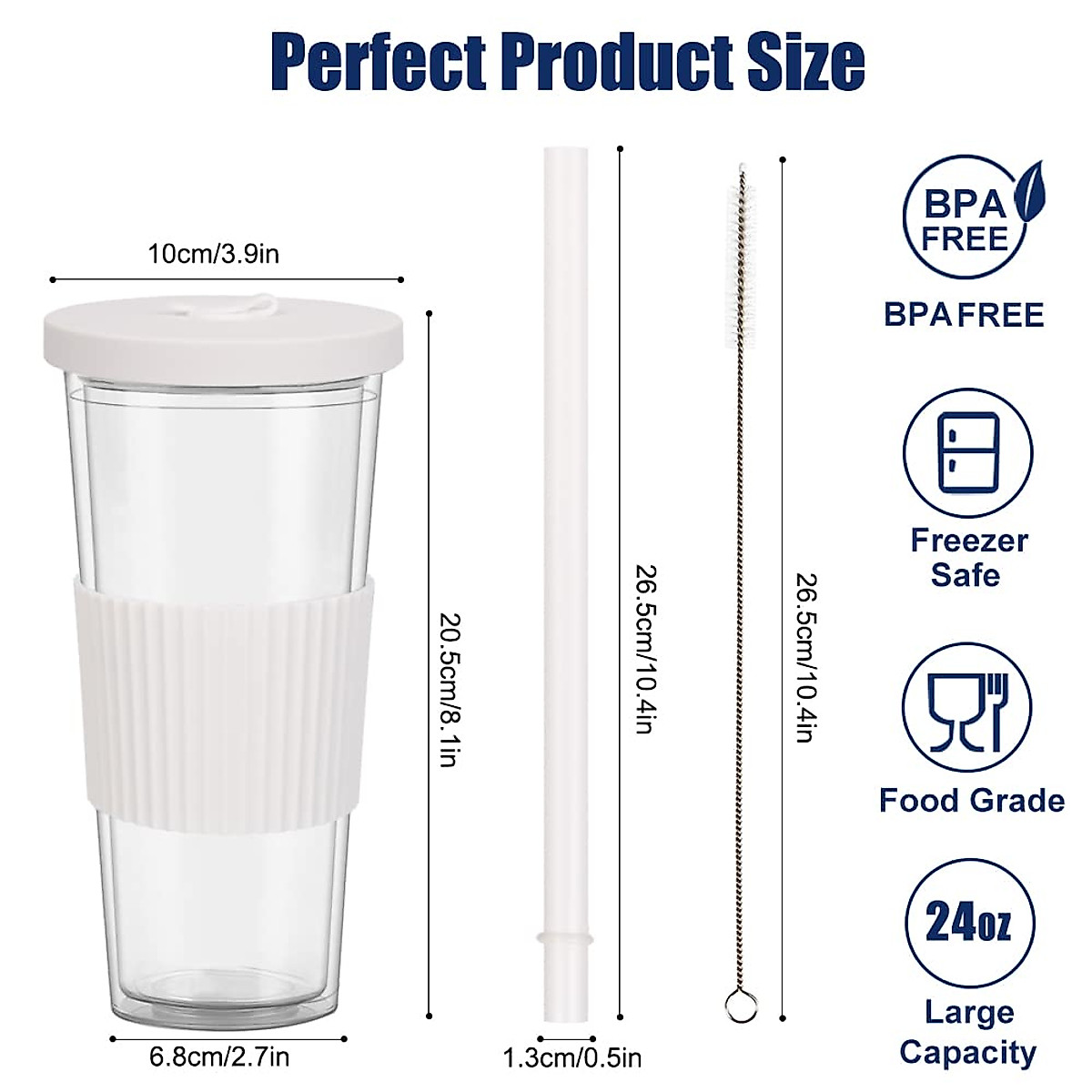 UHAPEER 2 Pack Reusable Boba Tea Cups, 24oz Iced Coffee Cup with Straw and Lid, Leakproof Clear Plastic Cups Tumbler, Double Wall Insulated Smoothie Tumbler, Wide Straw for Bubble Tea, Black and White