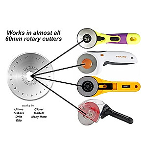 Ultima 60mm Rotary Cutter Blades – 10 Blades Per Pack – Fits Most Rotary Cutters Including Fiskars, Olfa, Martelli and TrueCut – Cuts Quilting Fabric, Leather, and More