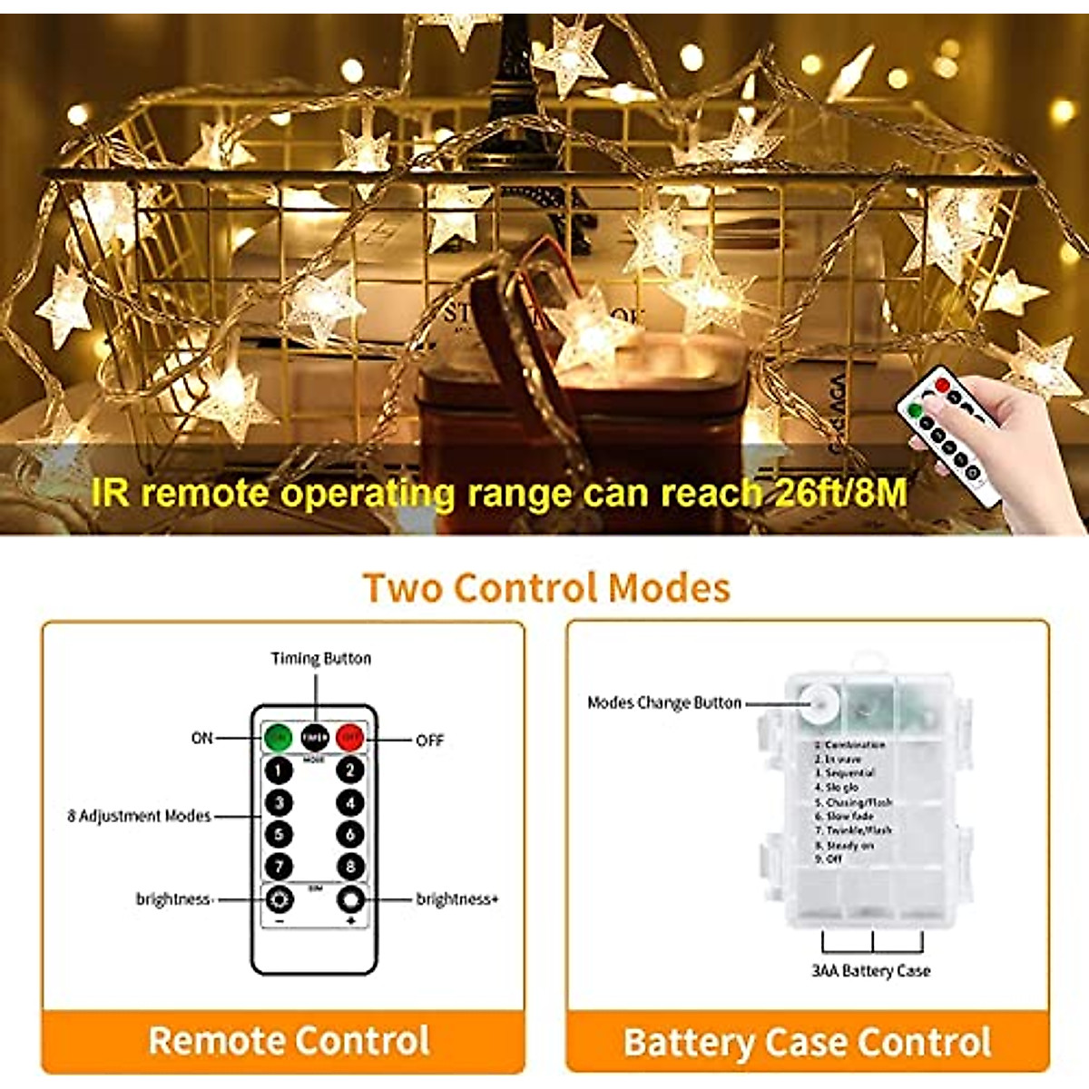 Traveant String Lights, Fairy Lights 50 Led 8 Modes Star Lights, Extendable Waterproof Twinkle Lights for Home, Party, Christmas, Wedding, Garden