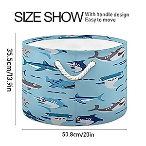 Kigai Cute Sharks Cotton Rope Basket Large Collapsible Baby Laundry Basket Blanket Basket Kid's Toy Storage Basket Organizer for Nursery Bedroom Home Decor