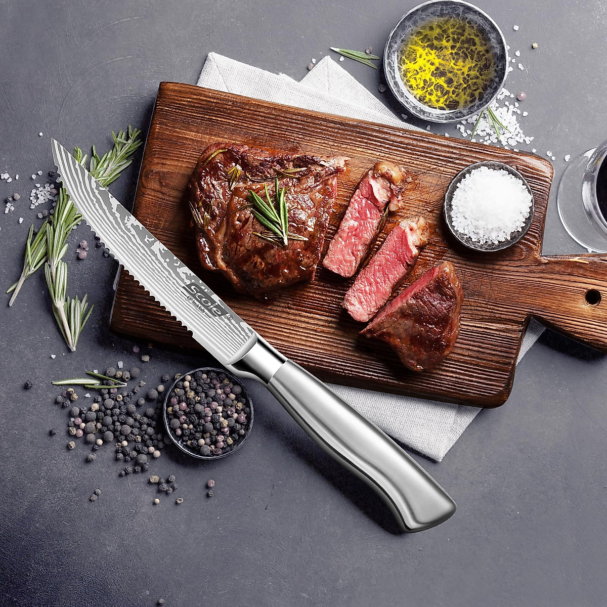 SCOLE® Steak Knives, 4.5 inches Steak Knife Set of 6, Dishwasher Safe Serrated Steak Knives German Stainless Steel Dinner Knives with Gift Box, Silver