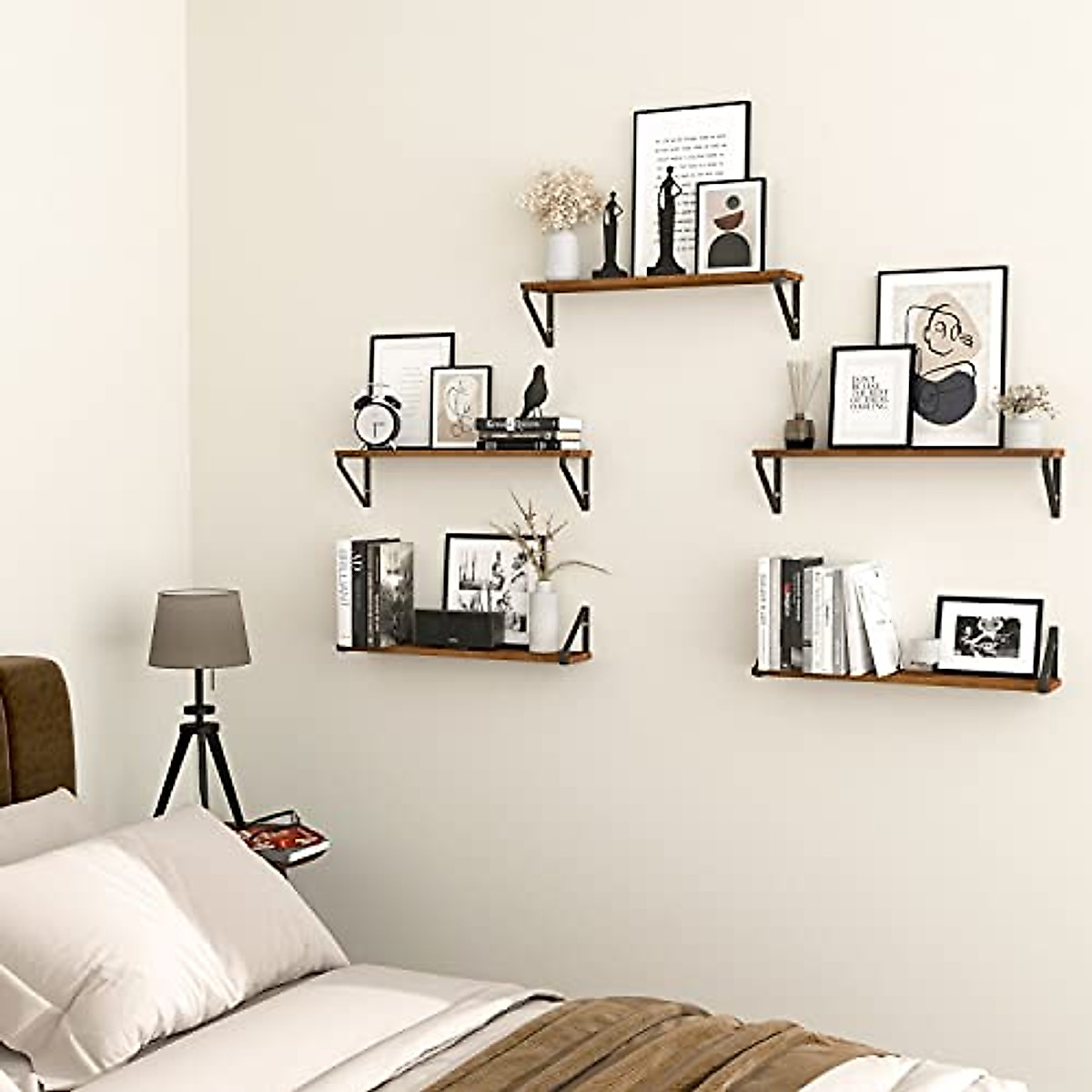 Wallniture Ponza Floating Shelves for Wall, 24" Floating Bookshelf, Wood Wall Shelves for Bedroom Decor, Walnut Set of 5