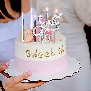 Sweet 16 Cake Toppers Rhinestone Birthday Cake Topper, 20 Pcs Metallic Birthday Candles Sweet 16 Cake Candles Sweet 16 Birthday Decorations Happy Birthday Candles for Cake Birthday Decor (Silver)