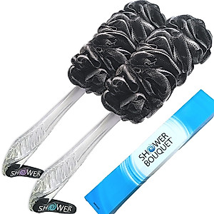 Loofah-Charcoal Back-Scrubbers 2-Pack-by-Shower-Bouquet: Long-Handle Bath-Sponge-Brushes with Extra Large Soft Mesh for Men & Women - Exfoliate with Full Pure Cleanse in Bathing Accessories