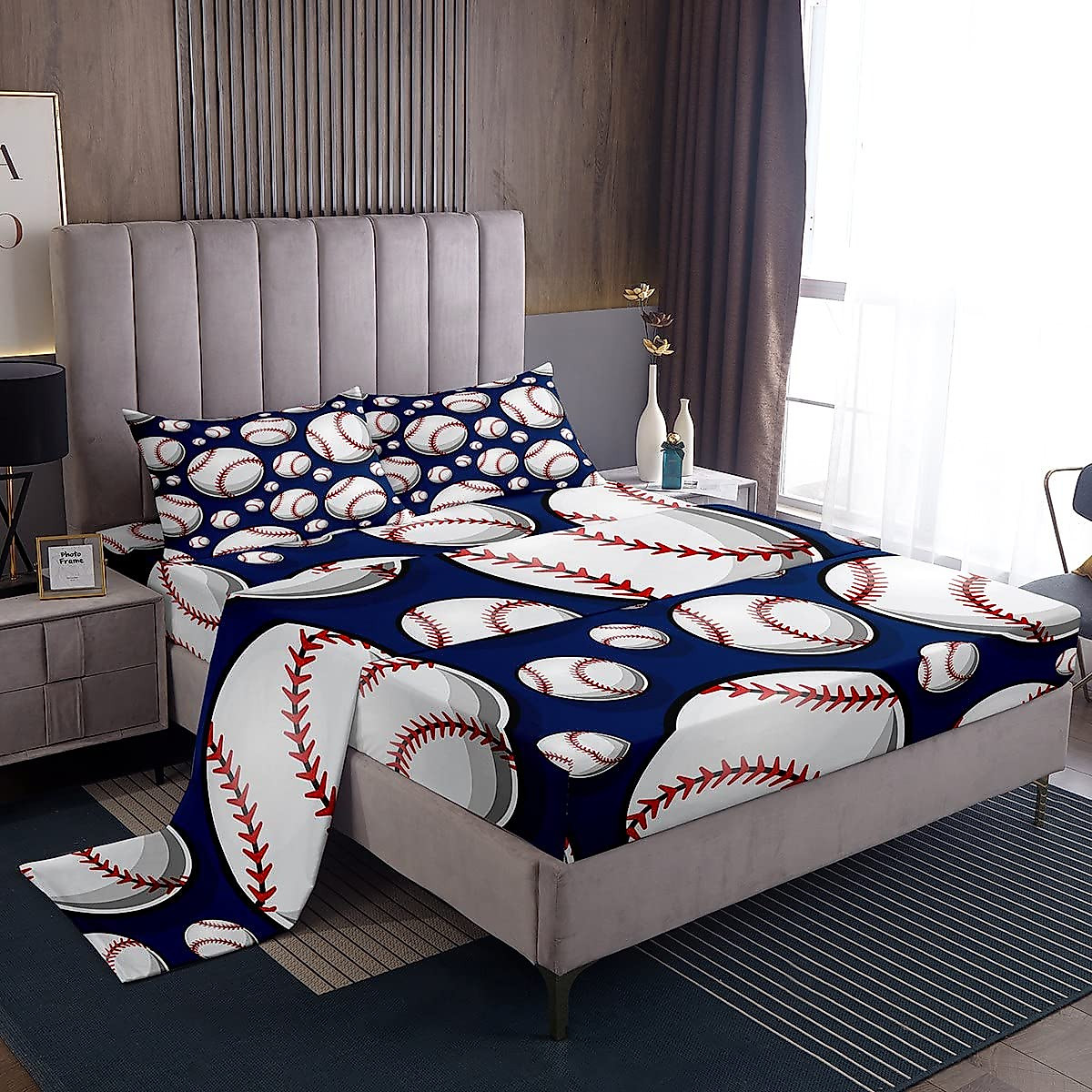 Baseball Sheet Set Sports Theme Bedding Set for Kids Boys Girls Teens 3D Blue Ball Pattern Bed Sheets Breathable Baseball Games Bed Sheet Set Room DecorBed Set Full Size