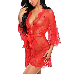 Avidlove red robe Women's Lace Kimono Robe Babydoll Lingerie Mesh Nightgown Red XL