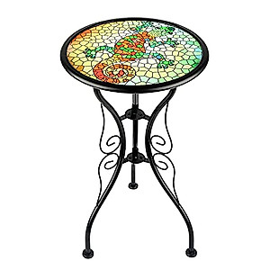YardsBee Gecko Outdoor Side Table,Mosaic Patio Side Table,12 Inch Accent Round Side Table,Plant Table with Tile Top,Samll Metal Glass End Table for Garden Porch Patio Home