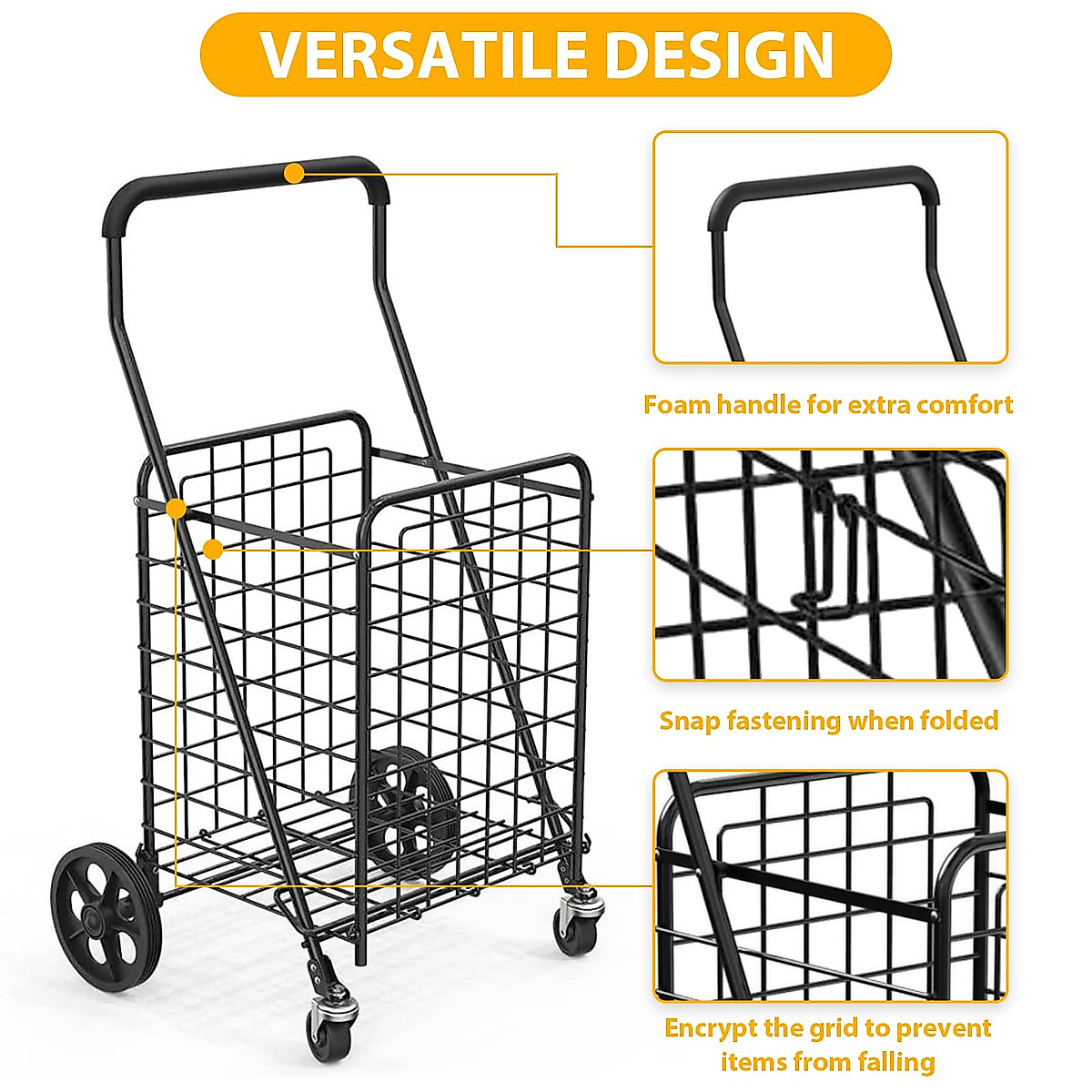 Kiffler Grocery Shopping Cart with 360° Rolling Swivel Wheels Utility Cart Easily Collapsible Cart 66lb Extended Foam Cover, Trolley for Laundry,Groceries,Travel Black (Medium)