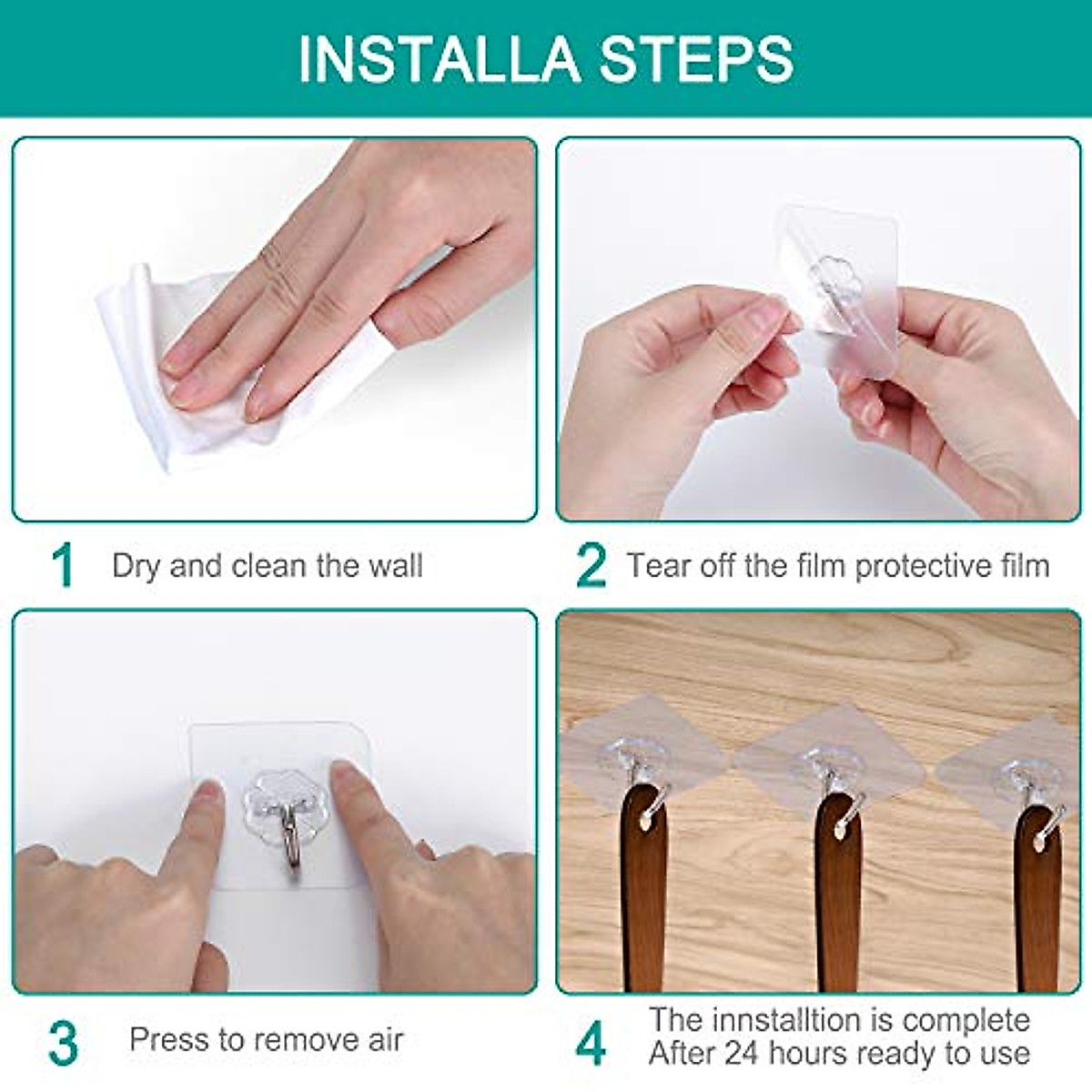 Hook 13ib (Max) Transparent Reusable No Trace Sticky Hook Magic Nano 513 Strong Sticky Hook, Waterproof, Rustproof 24 Pack