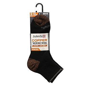 Avalanche Men's Odor Resistant Copper Wool Blend Quarter Socks With Arch Support 2Pack Black 10-13