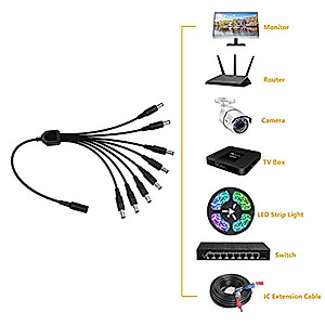Xwell DC Power Splitter Cable 1 Female to 8 Male Wire Y Adppter 5.1mm X 2.1mm for CCTV Security Cameras and LED Strip Lights