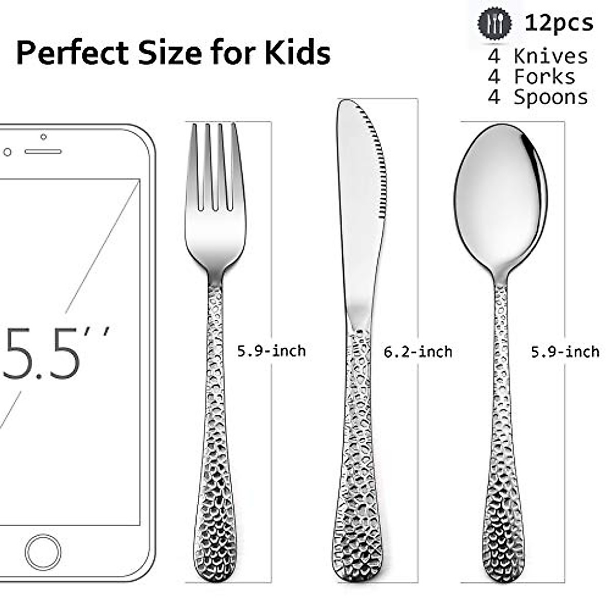 LIANYU 12-Piece Kids Utensils Silverware Set, Stainless Steel Toddler Hammered Flatware Cutlery, Children Tableware Includes Knives Forks Spoons, Dishwasher Safe