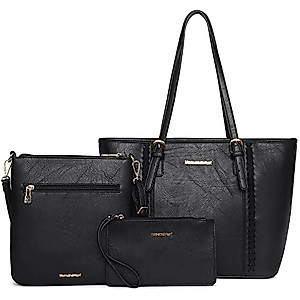 Montana West 3 PCS Tote Bag Set Purse Large Shoulder Bag Concealed Carry Purses and Handbags for Women Top Handle Shoulder Satchel Hobo Bags, Black
