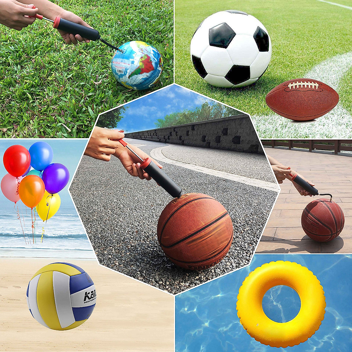 SKOLOO 8" Ball Pump Hand Air Inflator Kit for Soccer, Basketball, Volleyball, Water Polo Ball, Rugby, Exercise Sports Ball, Balloon, Needle, Nozzle, Extension Hose Included