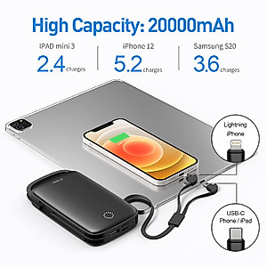 iWALK Portable Charger 20000mah Power Bank 18W PD Charger with Built in Cables USB C Compatible with iPhone 14/13/12 Mini/12 Pro Max/11/Xs/XR,iPad,Samsung,LG, Fast Charging for Outdoor