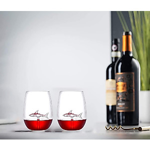 Shark Wine Glass, Premium Crystal Glasses with Shark Inside Shark Stemless Wine Glass, for Birthday Anniversary Wedding Party Christmas Father's Day Perfect for Red and White Wines（Set of 2）